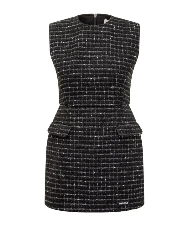 MSGM Checked Embellished Sleeveless Tweed Mini Dress - Black