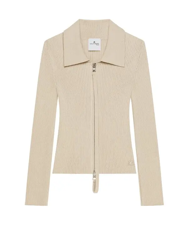 COURREGES Ribbed Knit Cardigan With Zip Front - Dark Sand