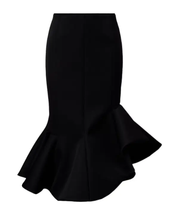 MUGLER Asymmetric Ruffled Wool-blend Midi Skirt