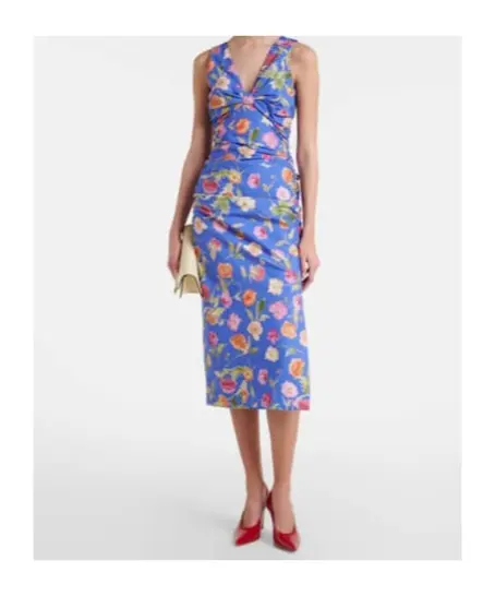 Carolina Herrera Floral Gathered Cotton-blend Midi Dress - Blue