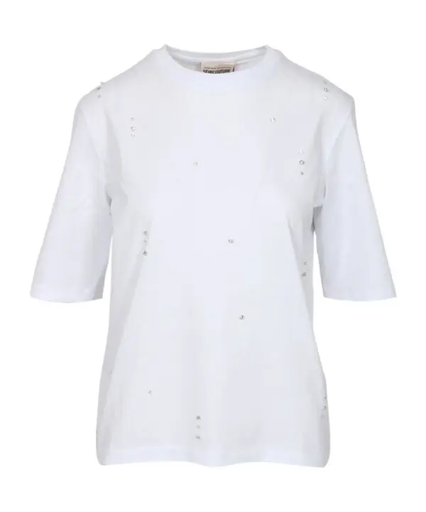 SEMICOUTURE Short-sleeved T-shirt With Crystal-effect Appliqués - White