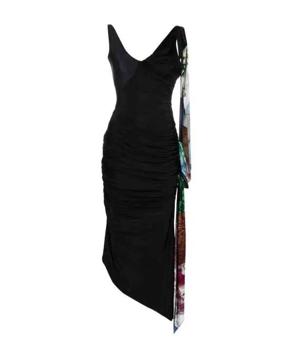 MARINE SERRE Asymmetric Draped Scarf-detailed V-neck Dress - Black