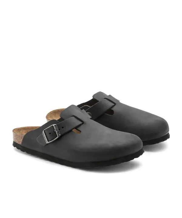 BIRKENSTOCK Boston Leather Flat Mules - Black