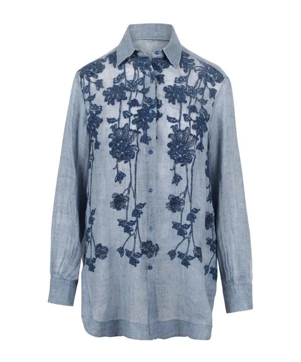 Ermanno Scervino Floral Embroidered Long Sleeve Shirt - Blue