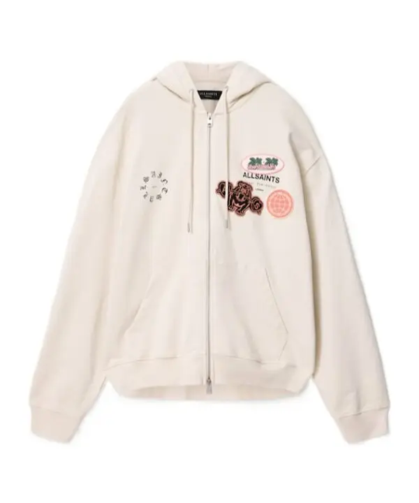 ALLSAINTS Patcher Zip Up Cotton Hoodie With Graphic Embellishments