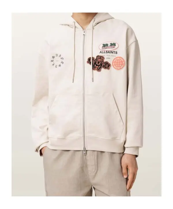 ALLSAINTS Patcher Zip Up Cotton Hoodie With Graphic Embellishments
