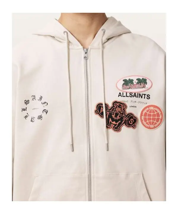 ALLSAINTS Patcher Zip Up Cotton Hoodie With Graphic Embellishments