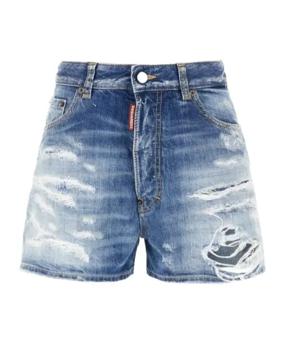 Dsquared2 Distressed Denim Shorts With Logo Patch