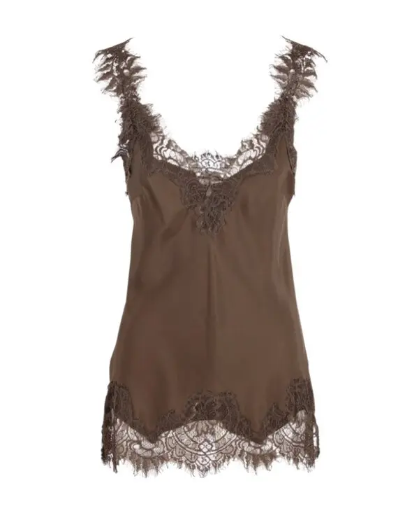 Gold Hawk Silk Halter Vest With Lace Detailing - Brown