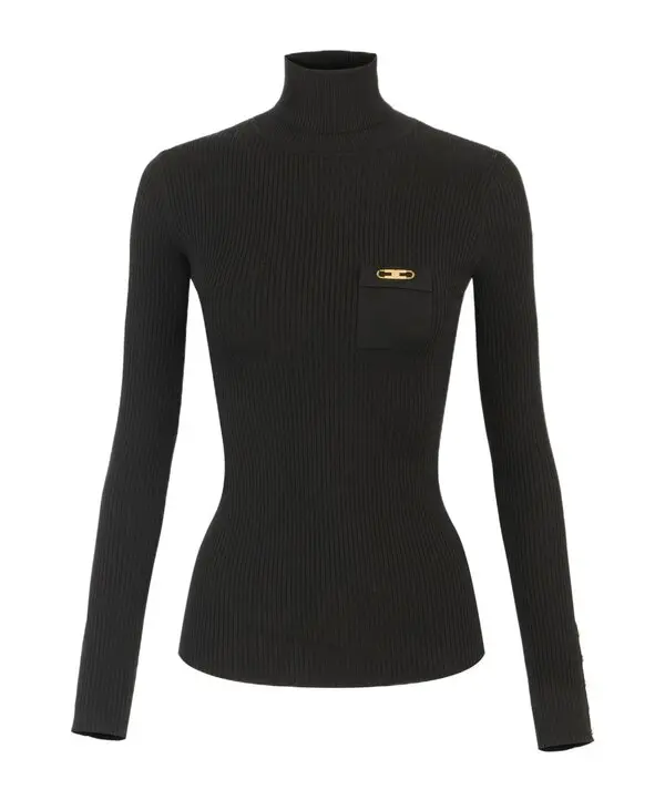 Elisabetta Franchi Ribbed Turtleneck Embellished Sweater - Black