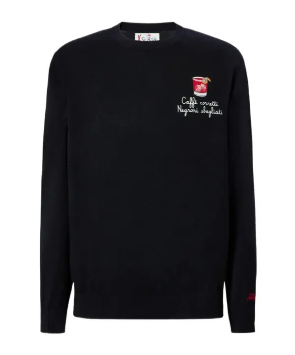 MC2 SAINT BARTH Crewneck Sweater With Embroidered "caffè Corretti Negroni Sbagliati - Black