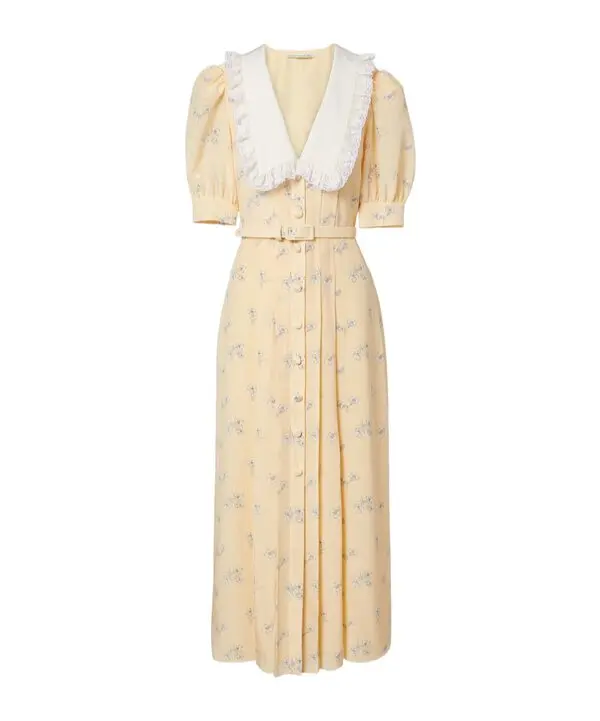 Alessandra Rich Floral Silk Belted Midi Dress With Lace Trim - Nude
