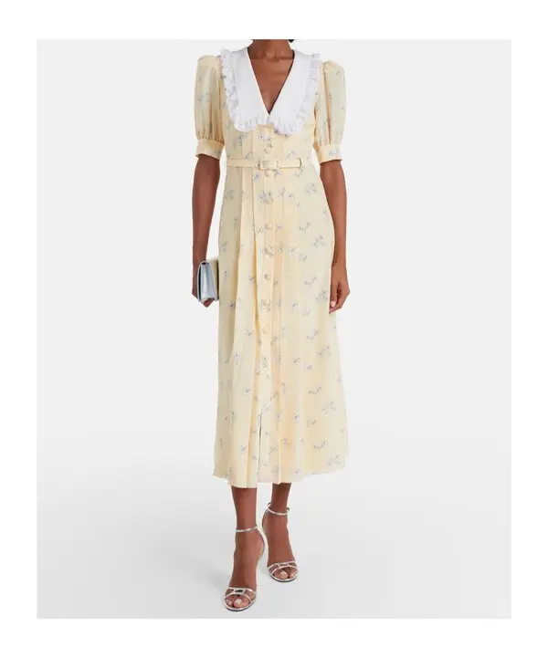 Alessandra Rich Floral Silk Belted Midi Dress With Lace Trim