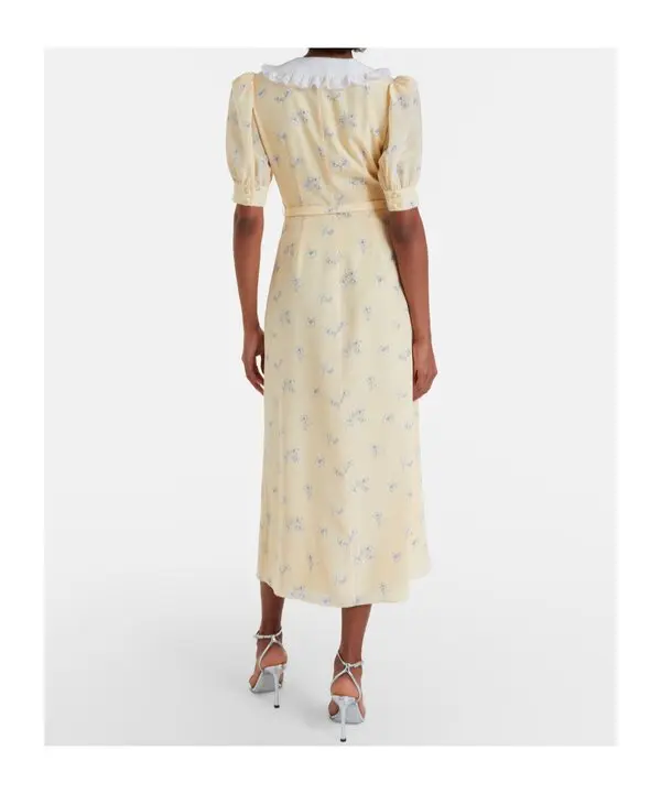 Alessandra Rich Floral Silk Belted Midi Dress With Lace Trim