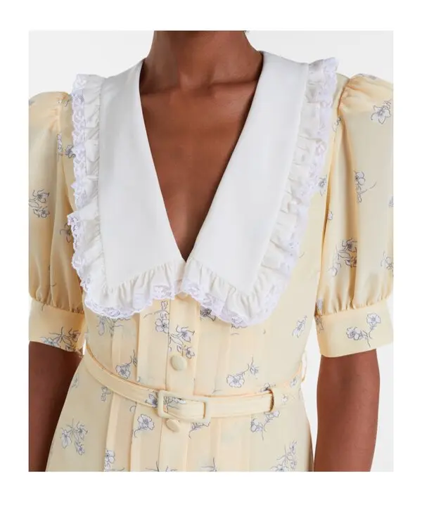 Alessandra Rich Floral Silk Belted Midi Dress With Lace Trim