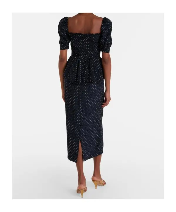 Alessandra Rich Polka Dot Peplum Silk Midi Dress - Black