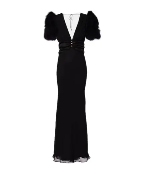 Alessandra Rich Feather-trimmed Silk Georgette Gown - Black