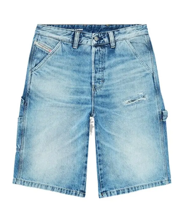 DIESEL® Relaxed Fit Fluid Denim Carpenter Shorts With Abrasions - Light Blue