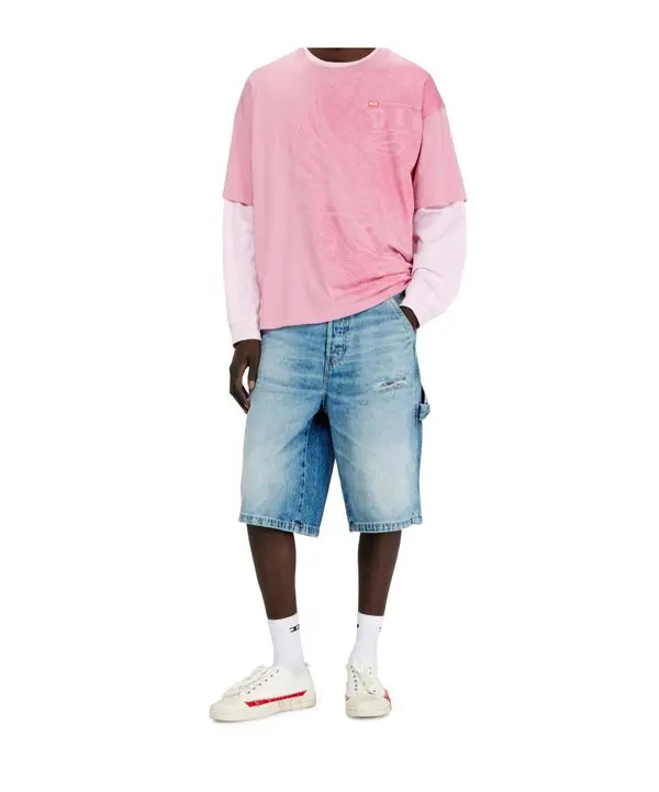 DIESEL® Relaxed Fit Fluid Denim Carpenter Shorts With Abrasions - Light Blue