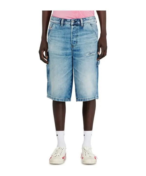 DIESEL® Relaxed Fit Fluid Denim Carpenter Shorts With Abrasions - Light Blue