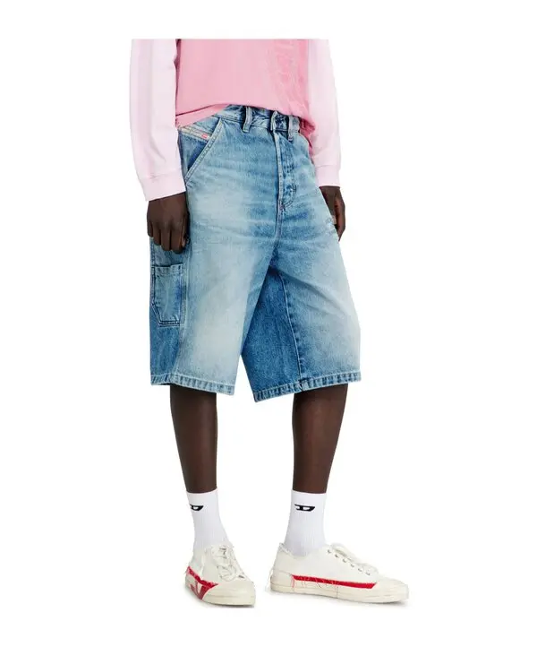 DIESEL® Relaxed Fit Fluid Denim Carpenter Shorts With Abrasions - Light Blue