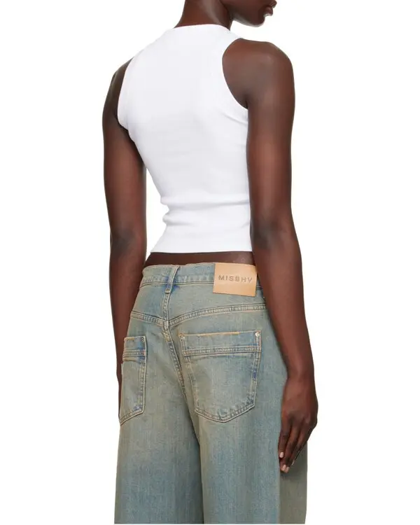 Off-White Ribbed Knit Sleeveless Top With Logo Embroidery