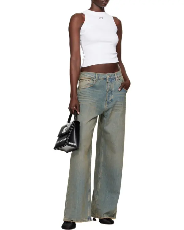 Off-White Ribbed Knit Sleeveless Top With Logo Embroidery