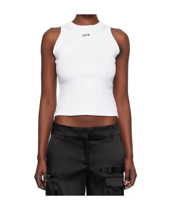 Off-White Ribbed Knit Sleeveless Top With Logo Embroidery