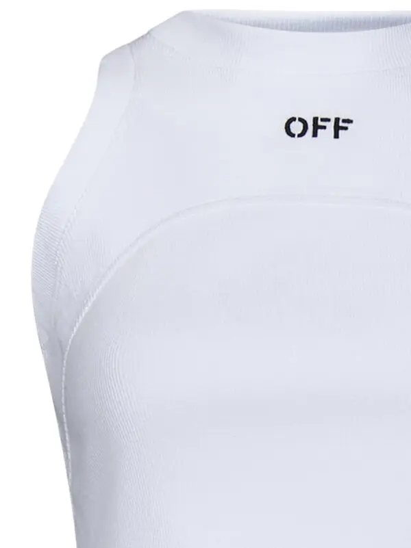 Off-White Ribbed Knit Sleeveless Top With Logo Embroidery