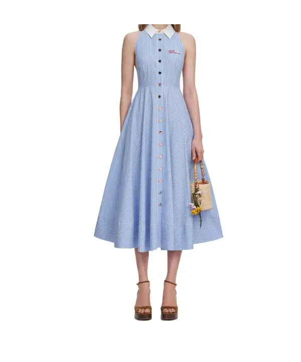 SELF-PORTRAIT Striped Cotton Midi Dress