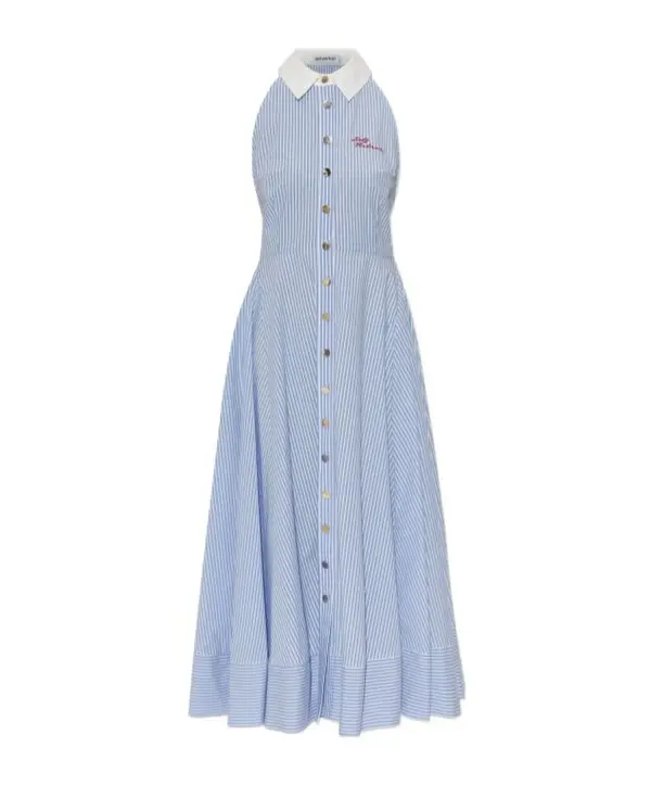 SELF-PORTRAIT Striped Cotton Midi Dress With Contrast Collar And Logo Motif - Blue