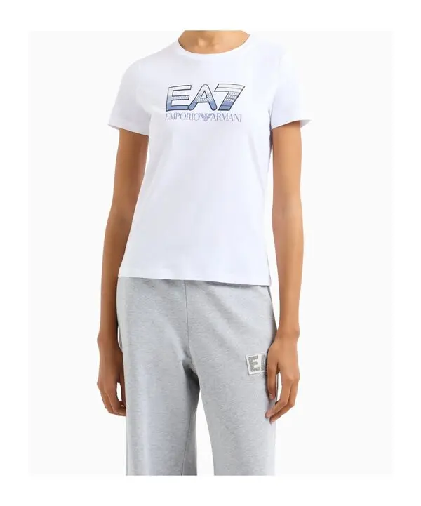 EA7 Stretch Cotton T-shirt With Sequin Logo - White