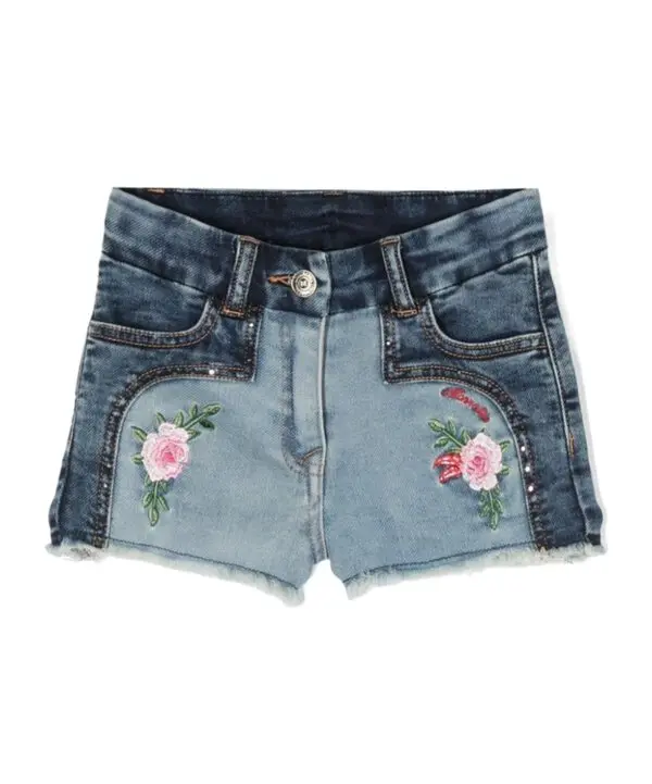 Monnalisa Floral Embroidered Denim Shorts
