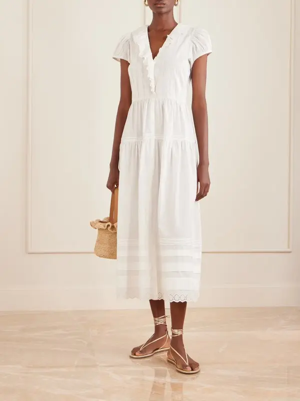 DÔEN Eliette Ruffle-trim Midi Dress - White