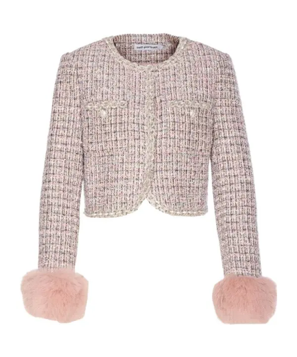 SELF-PORTRAIT Crew Neck Long-sleeved Jacket With Plush Cuffs - Pink