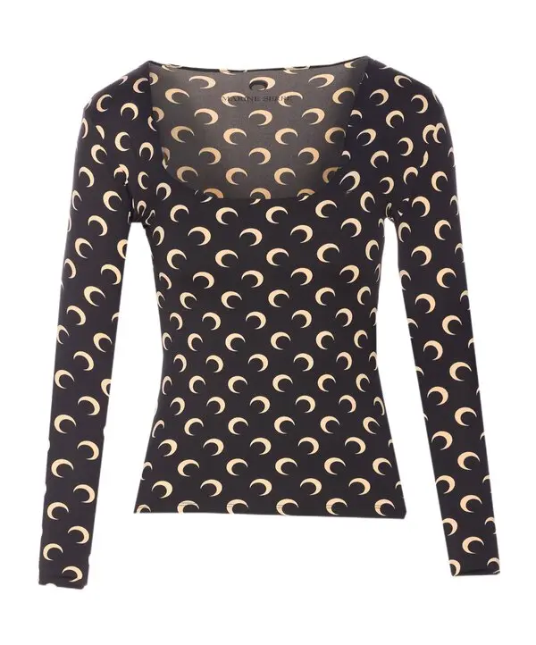 MARINE SERRE Moon Print Jersey Square Neck Long Sleeve Top - Black