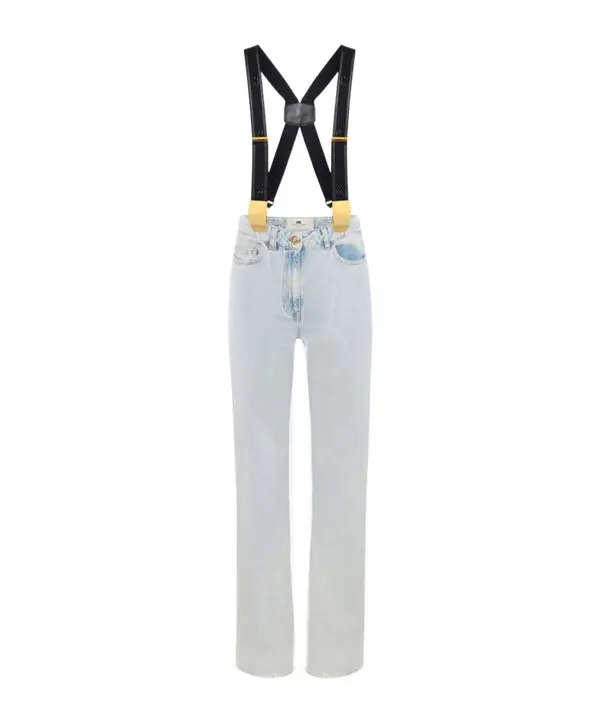 Elisabetta Franchi Light Wash Straight Leg Jeans With Attached Suspenders - Blue
