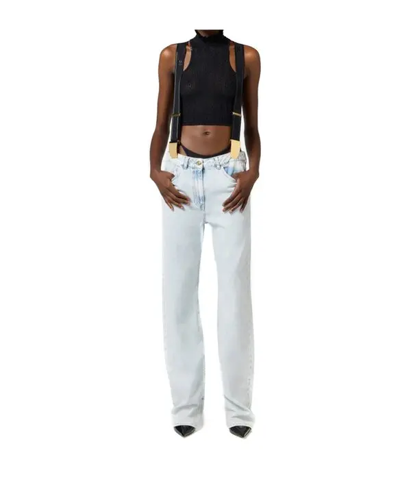 Elisabetta Franchi Light Wash Straight Leg Jeans With Attached Suspenders