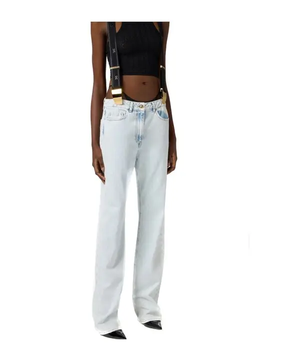 Elisabetta Franchi Light Wash Straight Leg Jeans With Attached Suspenders