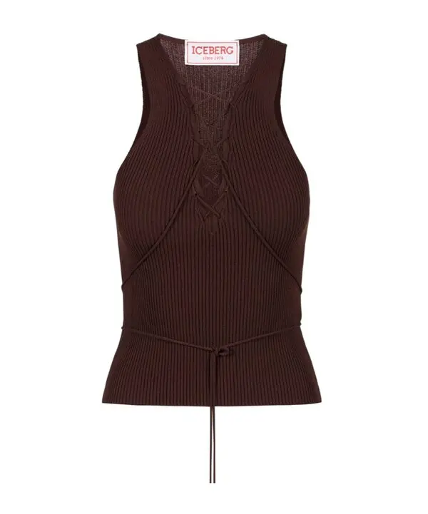 Iceberg Lace-up Ribbed-knit Tank Top - Brown