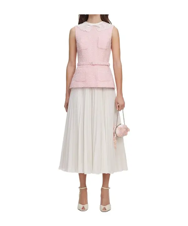 SELF-PORTRAIT Boucle Lace Collar Midi Dress - Pink