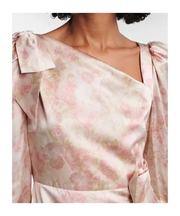 Alessandra Rich Floral Silk Satin Midi Dress With Bow Detail