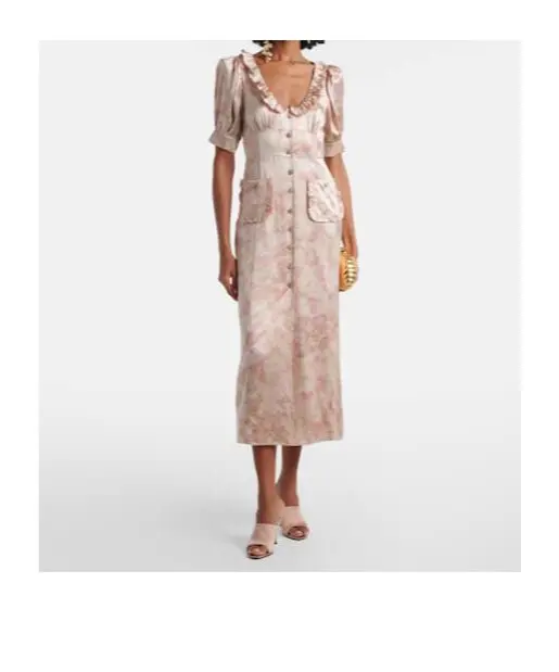 Alessandra Rich Floral Silk Satin Midi Dress With Buttoned Front