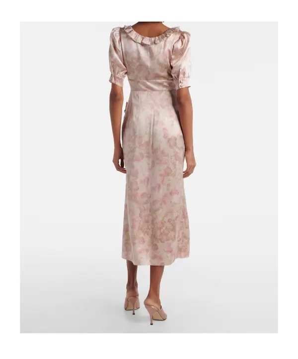 Alessandra Rich Floral Silk Satin Midi Dress With Buttoned Front