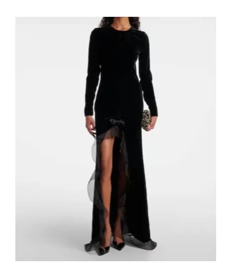 Alessandra Rich Asymmetrical Velvet Dress With Pleated Silk Trim