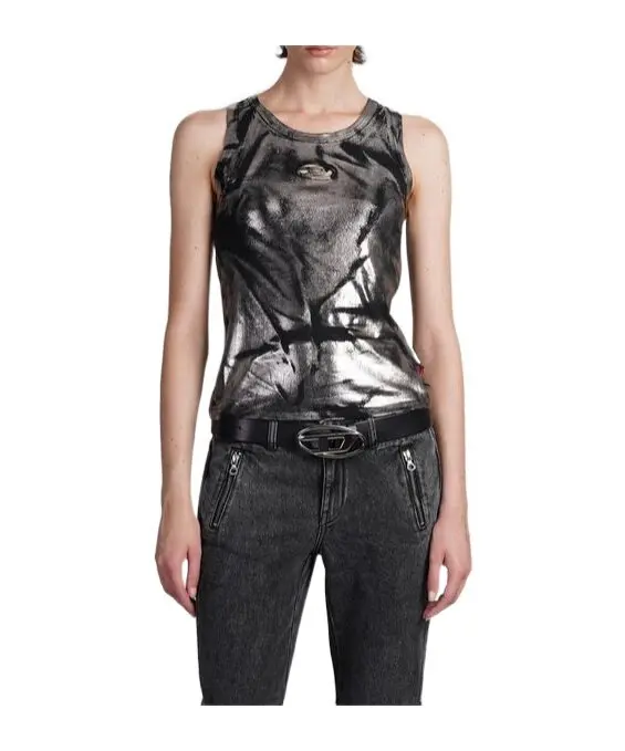 DIESEL® Sleeveless Crewneck Top With Metal Logo Detail - Silver
