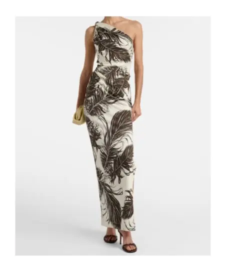Oscar De La Renta Feather Print One-shoulder Maxi Dress