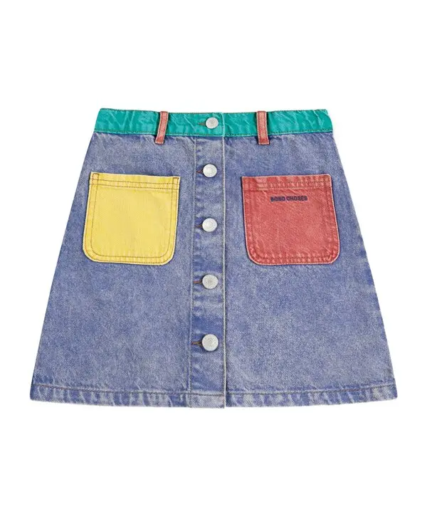 BOBO CHOSES Color-blocked Button-front Denim Skirt With Embroidered Logo