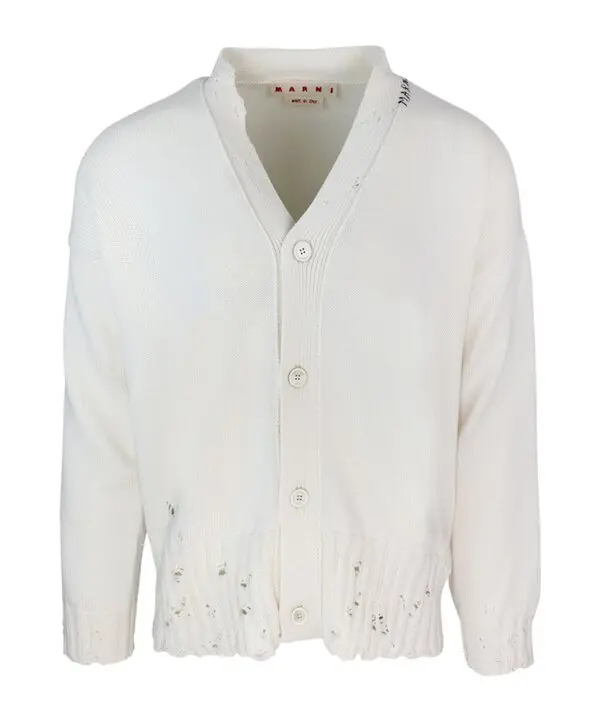 Marni Logo Embroidered V-neck Knitted Cardigan - White