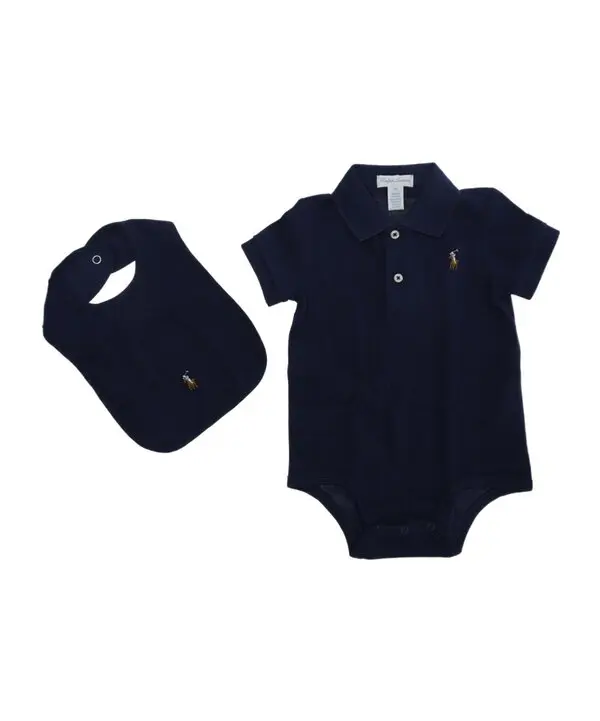 Polo Ralph Lauren Two-piece Set Including Short-sleeved Bodysuit And Bib - Navy